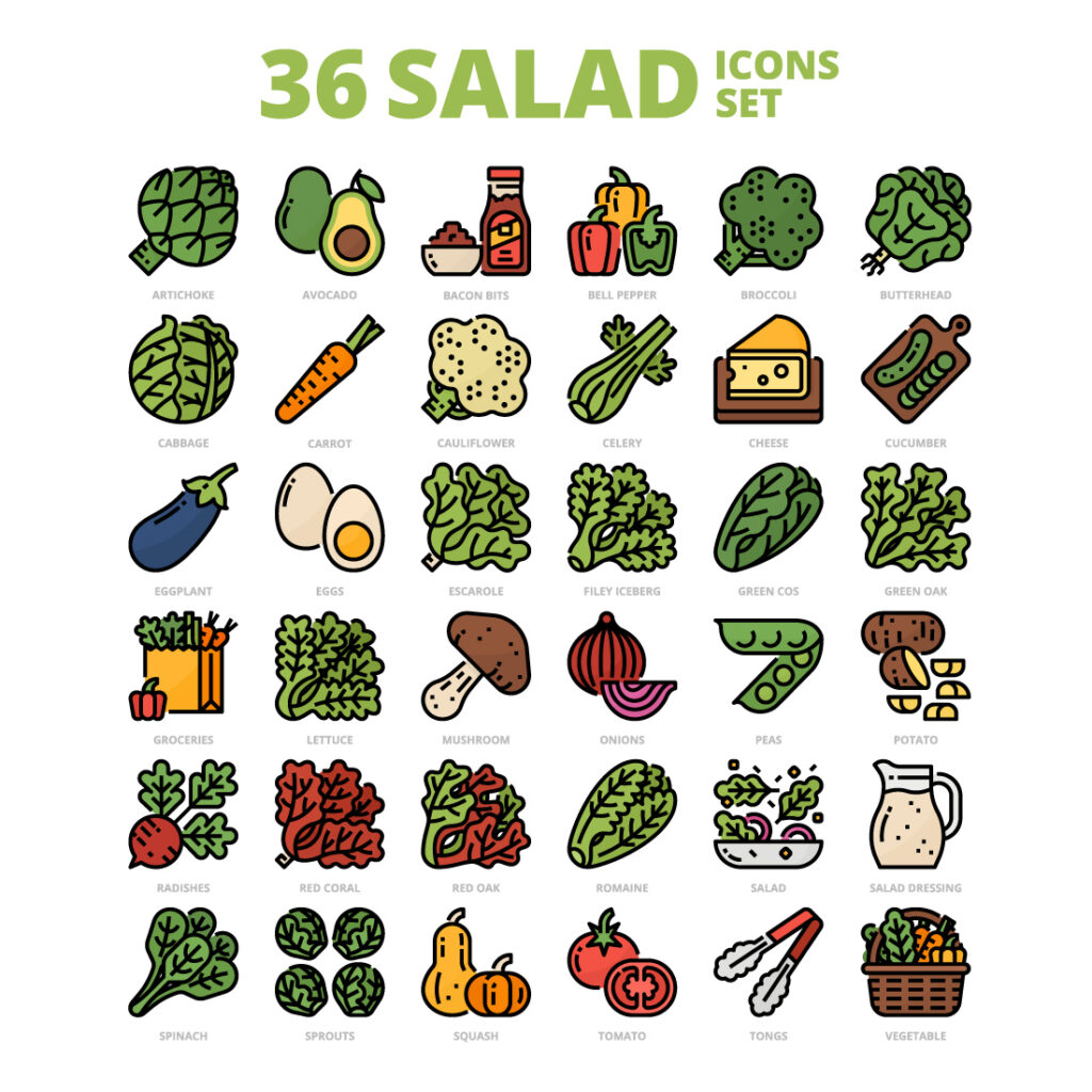 36 Salad Icons Set x 4 Styles - MasterBundles