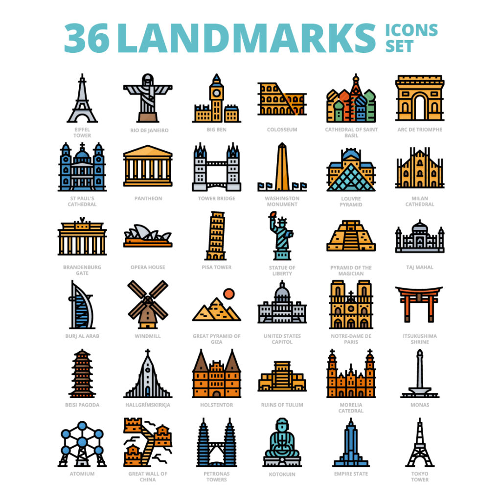36 Landmarks Icons Set x 4 Styles - MasterBundles