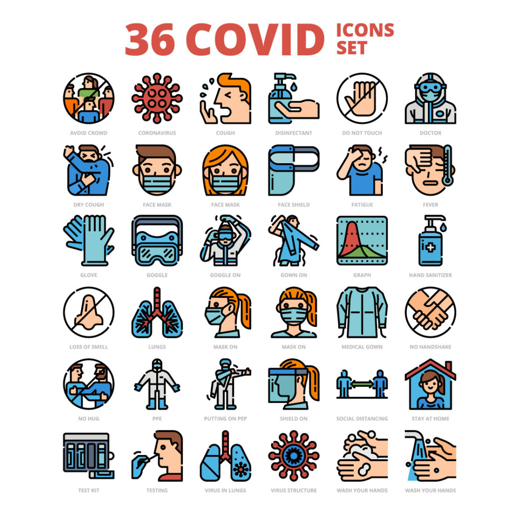 36 Covid Icons Set x 4 Styles - MasterBundles