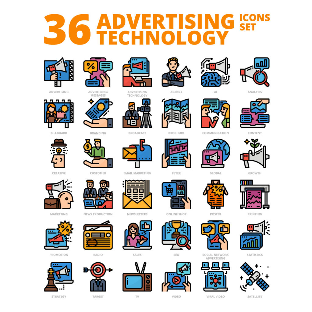 36 Advertising Technology Icons Set x 4 Styles - MasterBundles