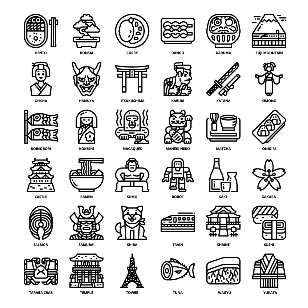 36 Japan Icons Set x 4 Styles - MasterBundles
