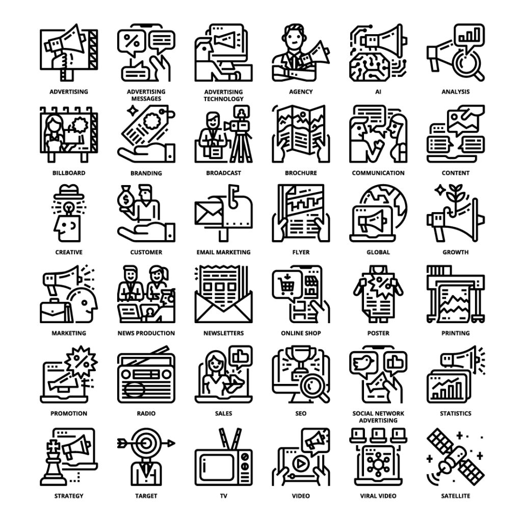 36 Advertising Technology Icons Set x 4 Styles - MasterBundles