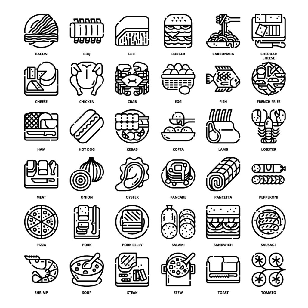 36 Foods Icons Set x 4 Styles - MasterBundles