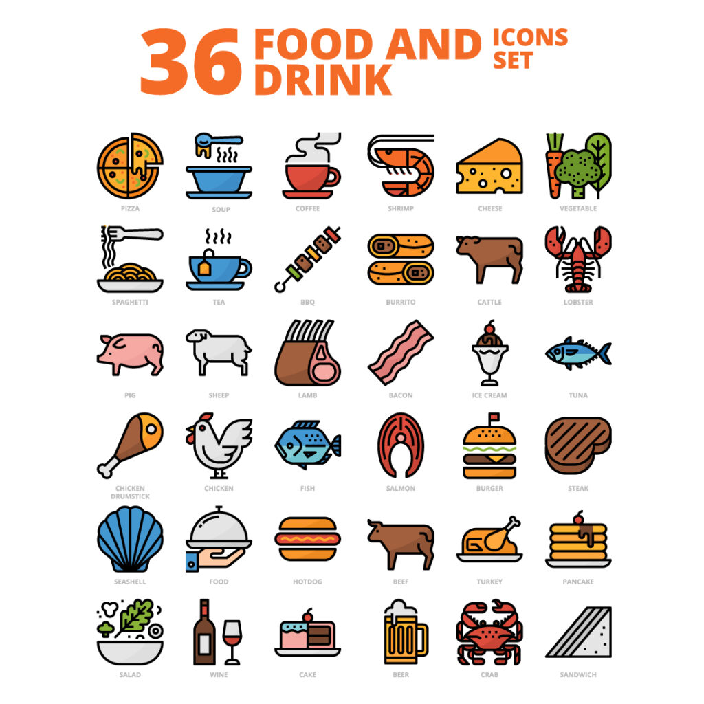 36 Food Icons Set x 4 Styles - MasterBundles