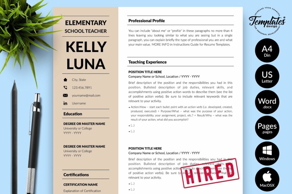 Elementary Teacher CV Design / Resume - Kelly – MasterBundles