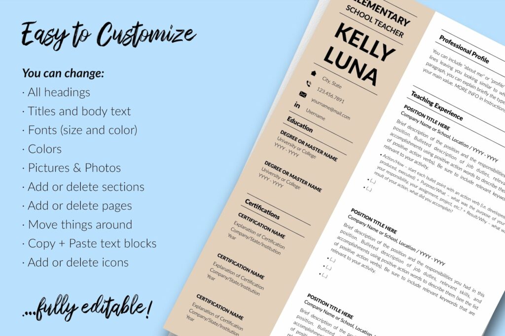 Elementary Teacher CV Design / Resume - Kelly – MasterBundles