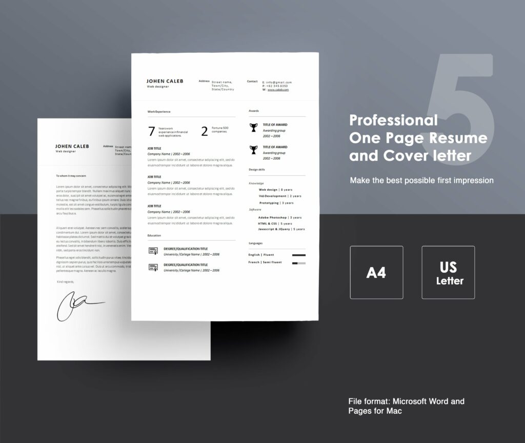 One page Resume CV + cover letter 5 – MasterBundles