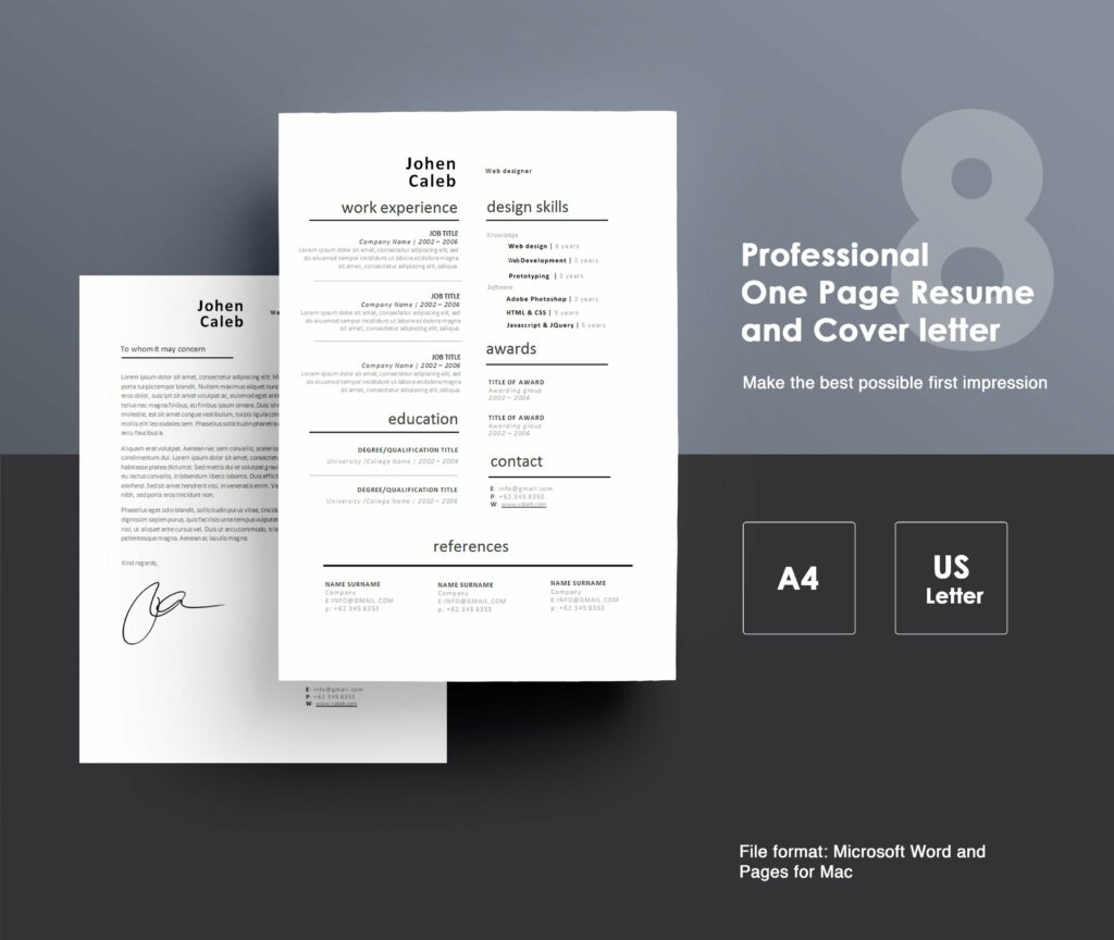One page Resume CV + cover letter 8 – MasterBundles