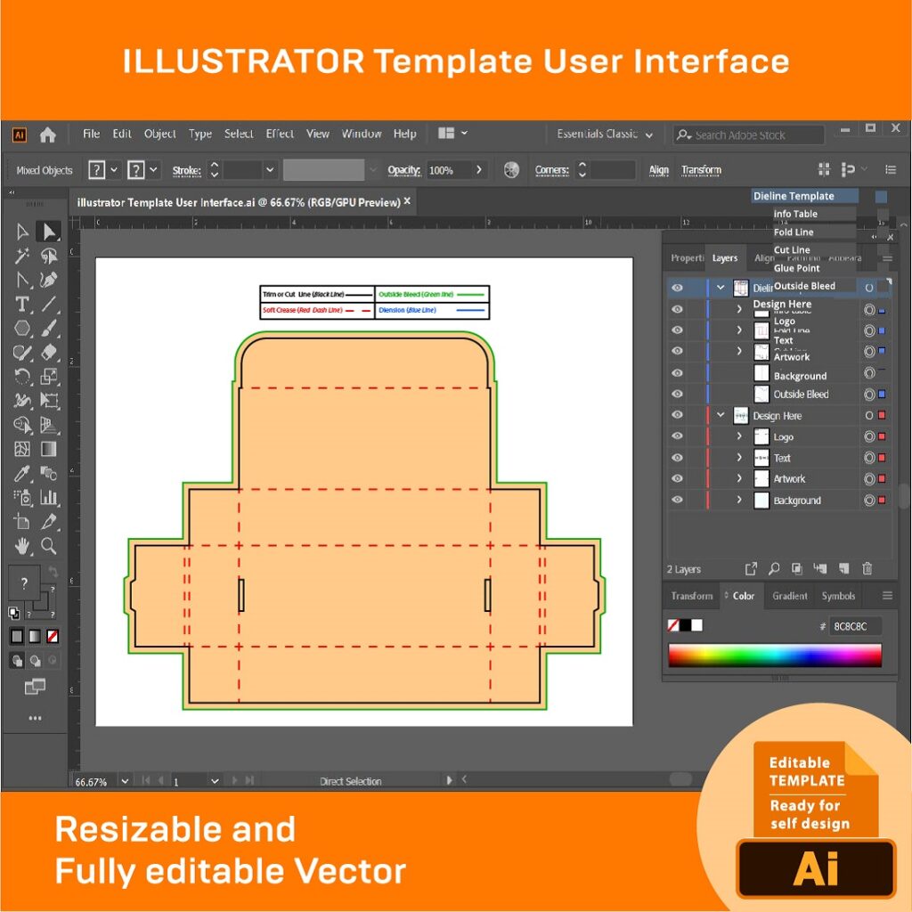 Roll end Tuck top two side rollover box, RETT Box dieline template and ...