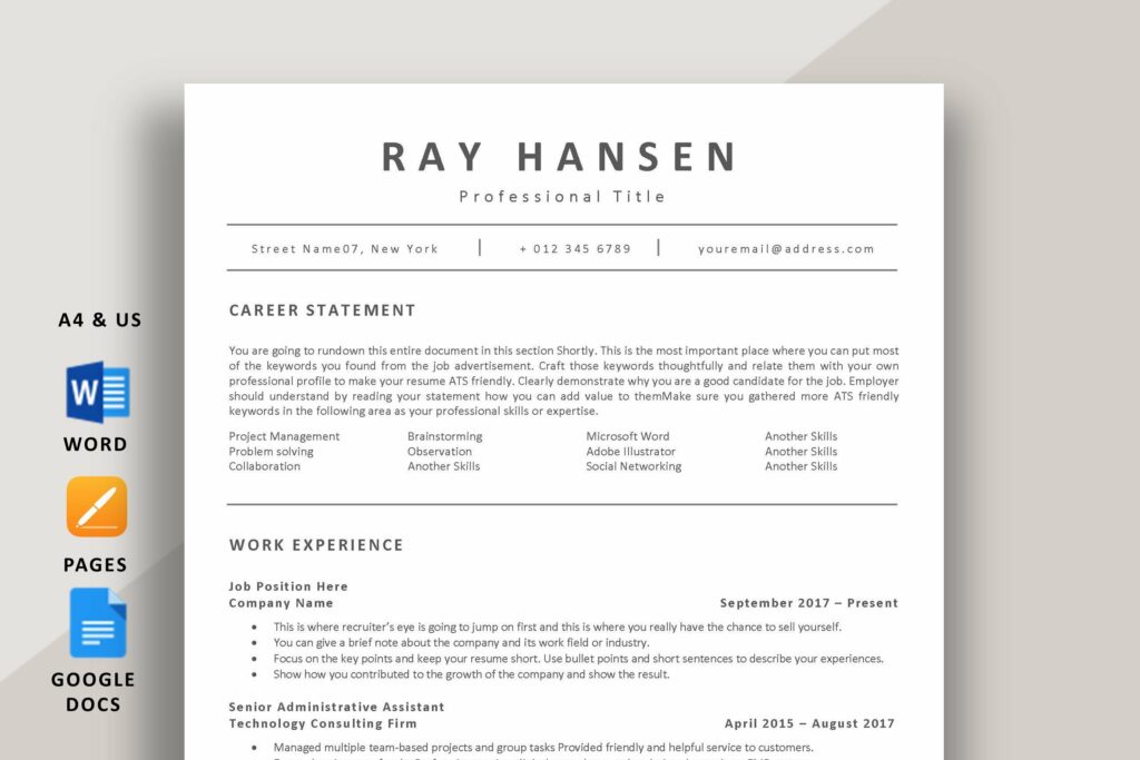 ATS Resume Template, Word Pages Docs – MasterBundles