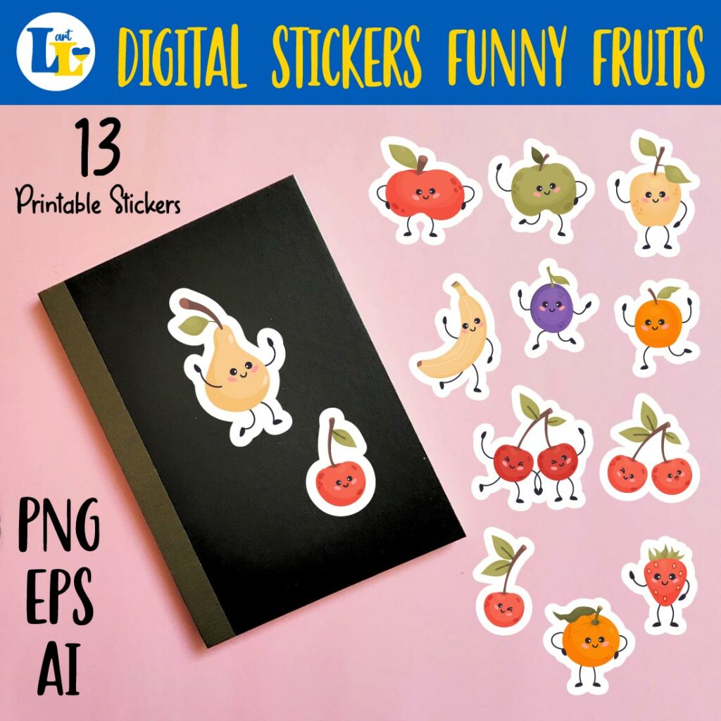 Cute fruit kawaii characters stickers bundle | 13 Printable digital sticker