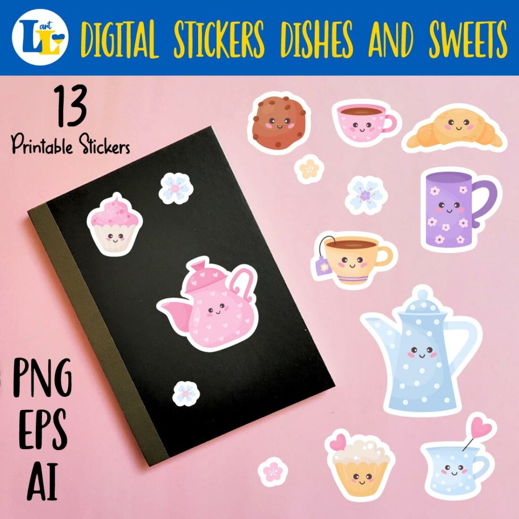 Cute Dishes and sweets | Printable digital sticker PNG