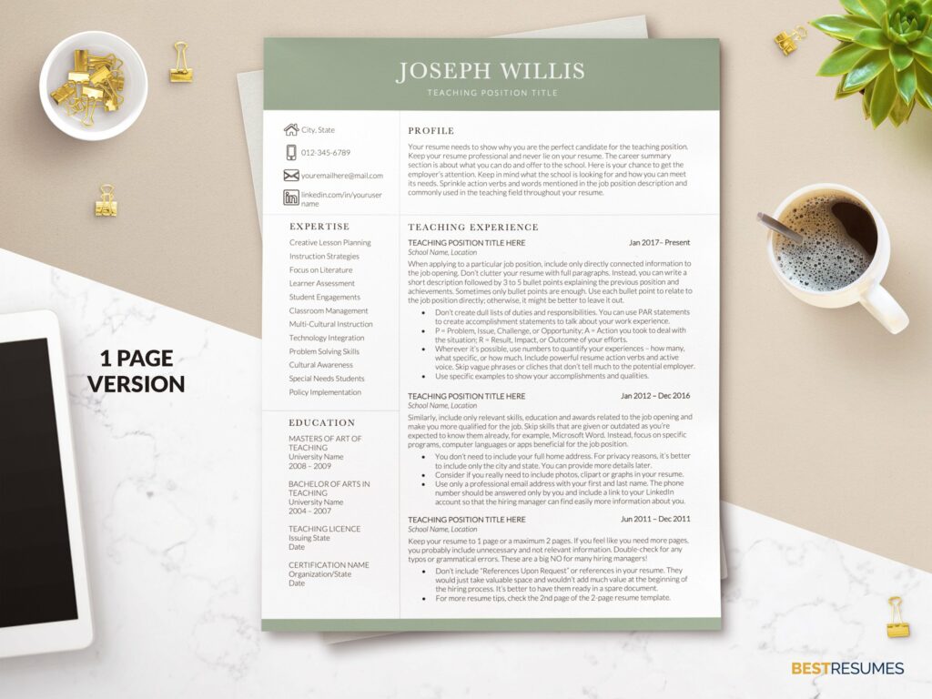 Teachers Resume Template for MS Word – MasterBundles