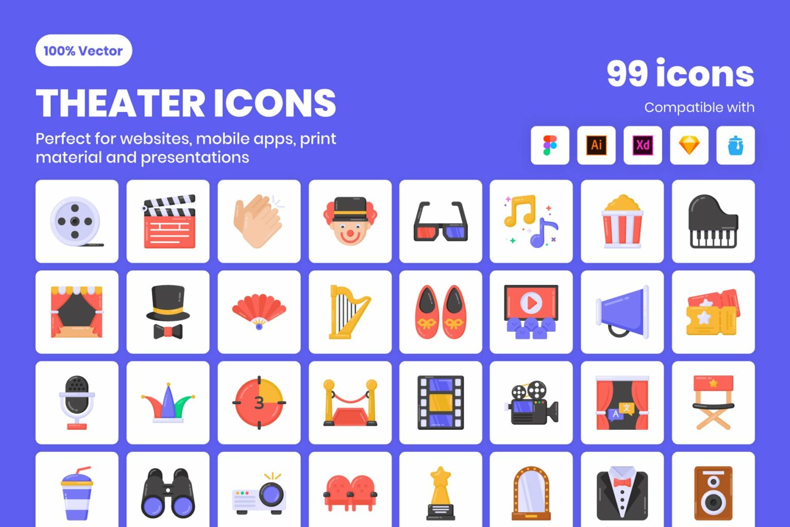 96 Flat Theater Vector Icons – MasterBundles