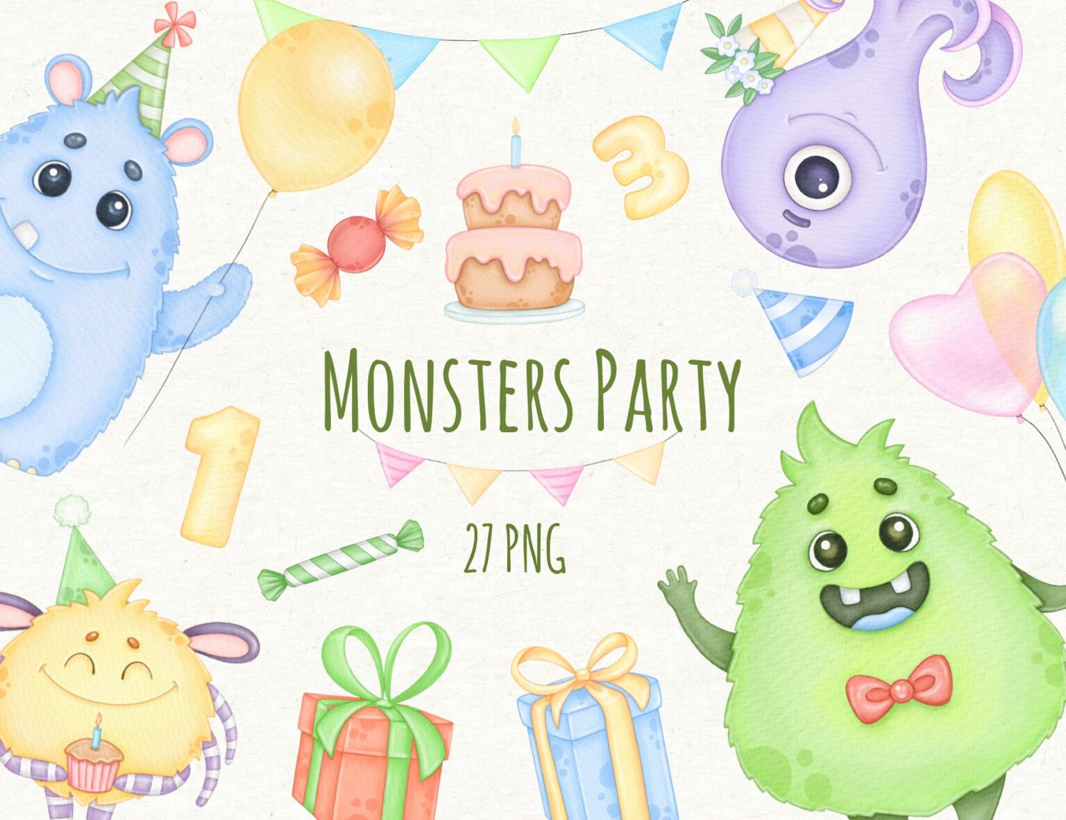 Watercolor Monsters Birthday Clipart – MasterBundles