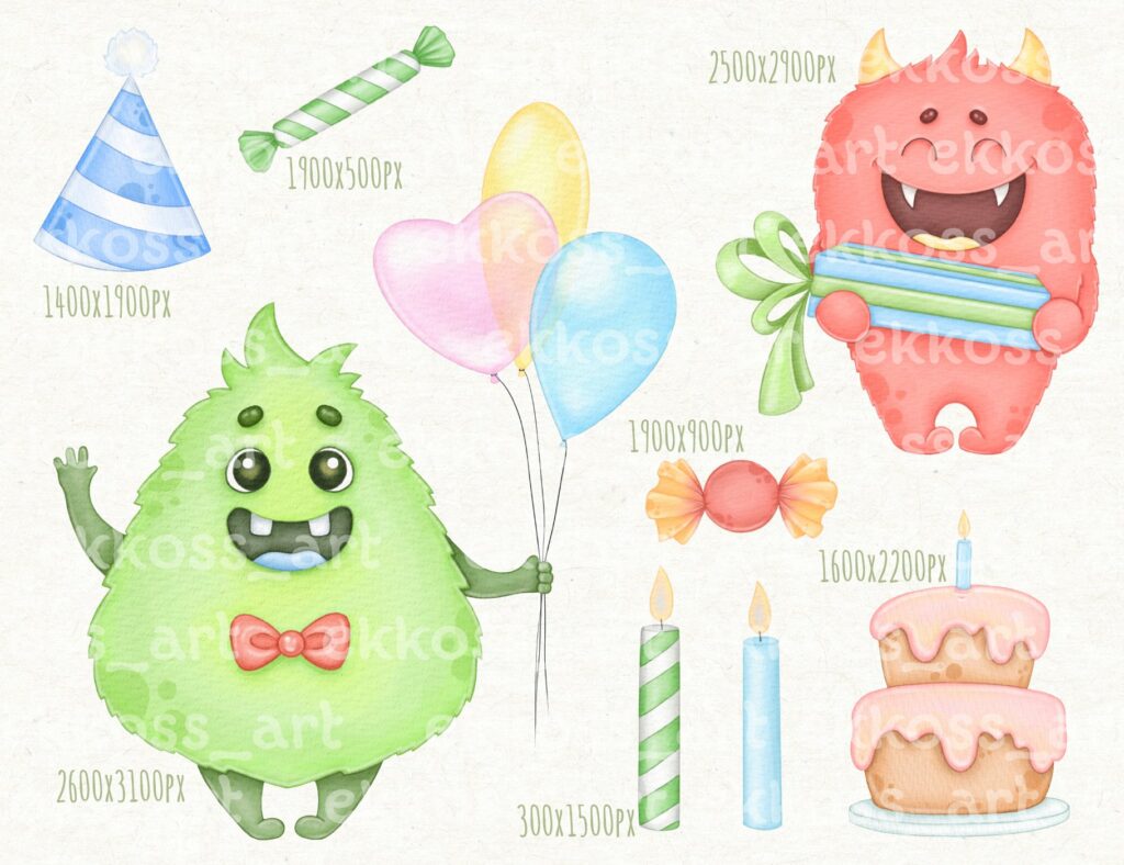 Watercolor Monsters Birthday Clipart – MasterBundles
