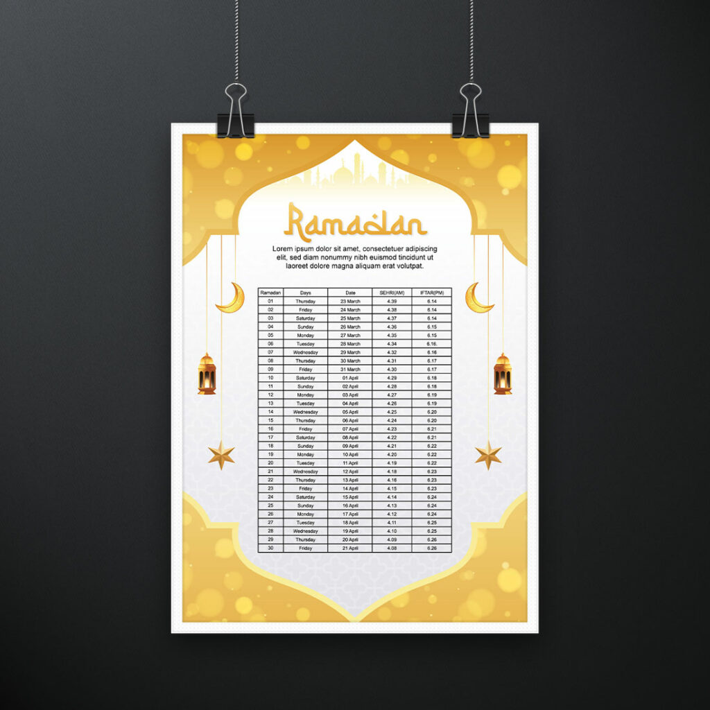 Ramadan Kareem Islamic calendar template and sehri ifter time schedule ...