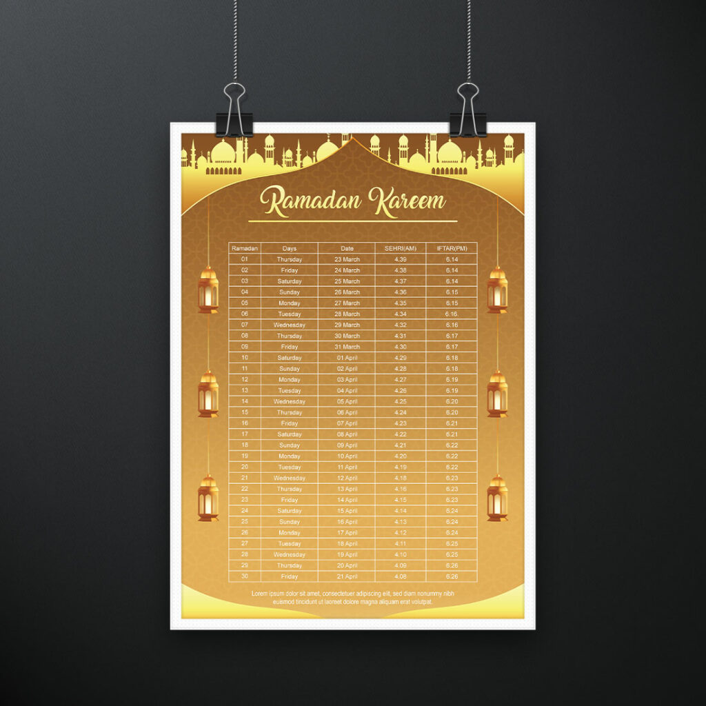 Ramadan Kareem Islamic calendar template and sehri ifter time schedule ...