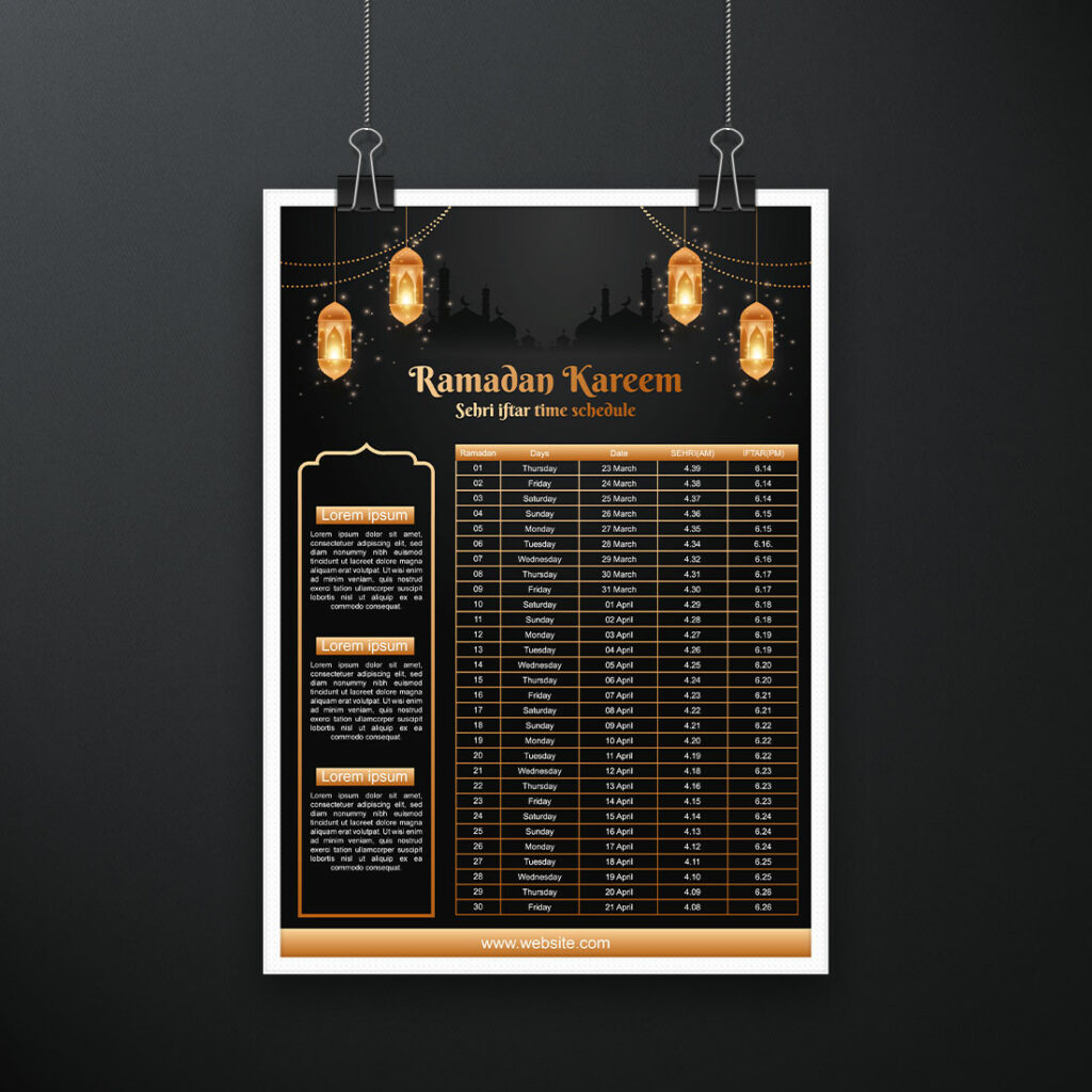 Ramadan Kareem Islamic calendar template and sehri ifter time schedule ...
