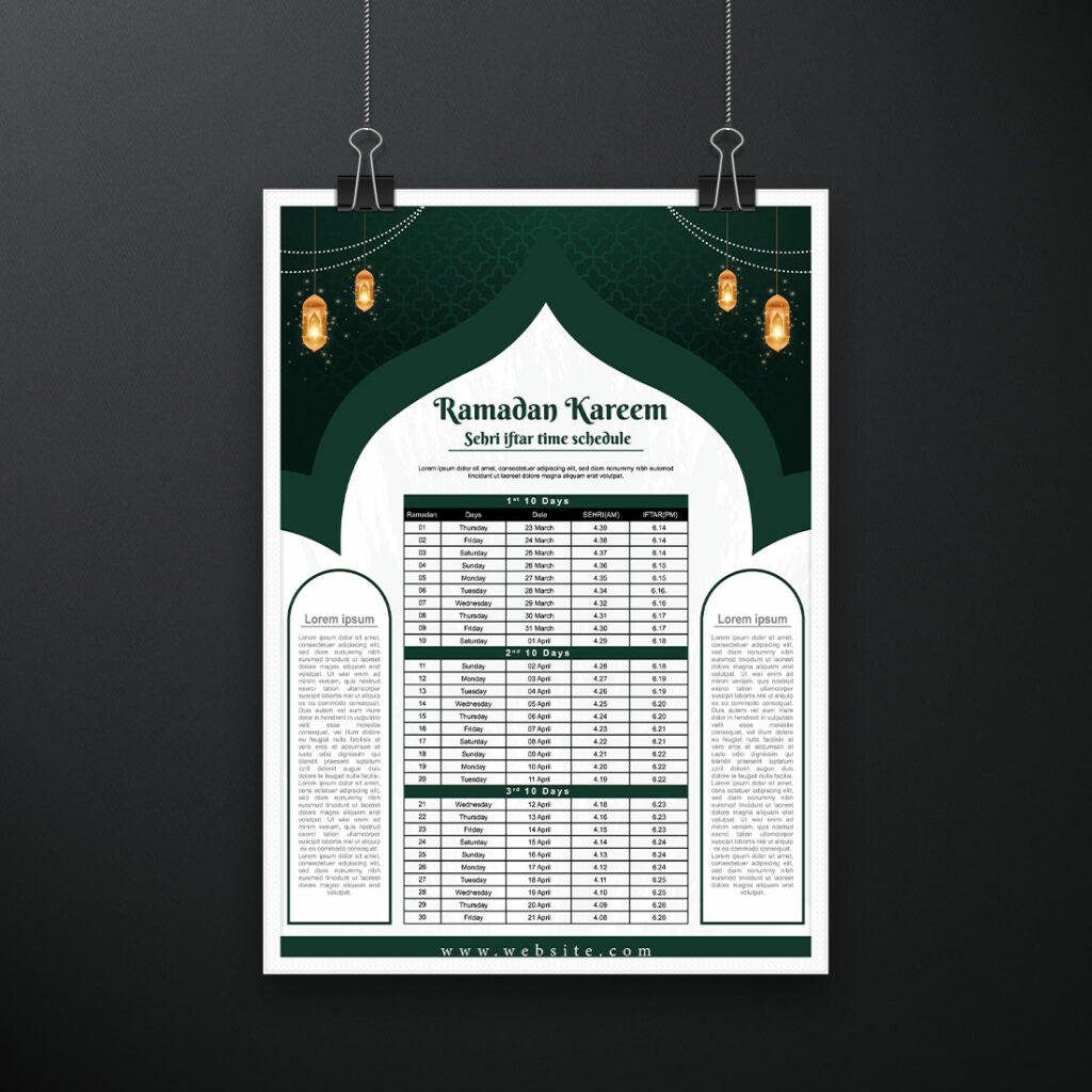 Ramadan Kareem Islamic calendar template and sehri ifter time schedule ...