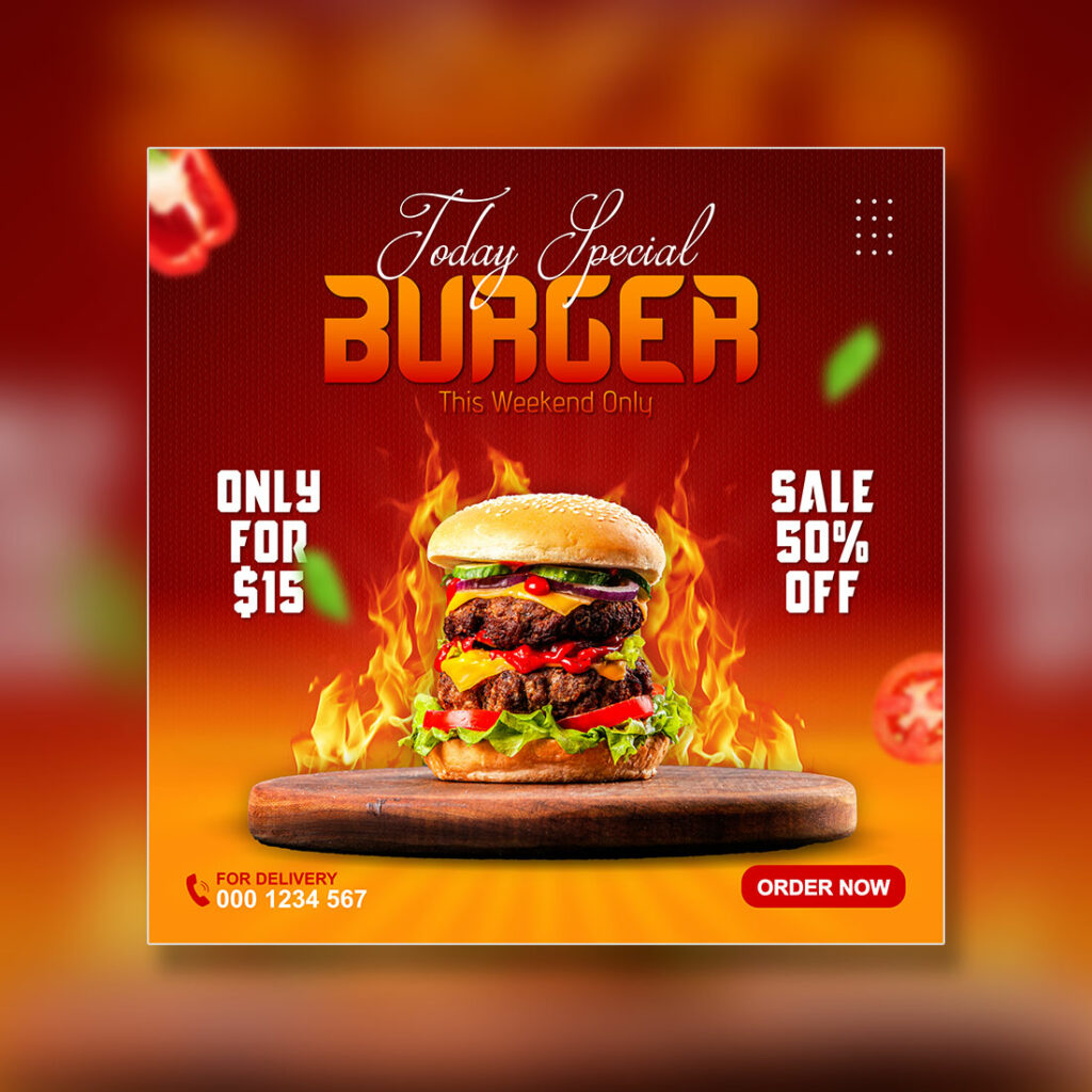 food menu and delicious burger sale social media promotion template ...
