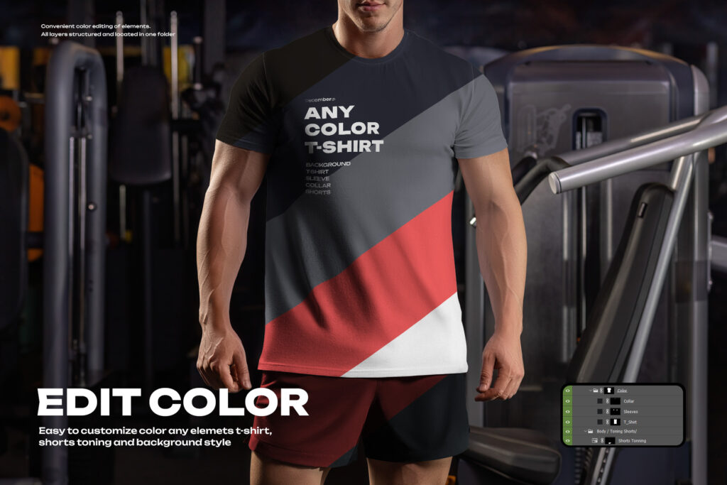 6 Mockups of the Men's T-shirt on the Bodybuilder in the Gym. T-shirt ...