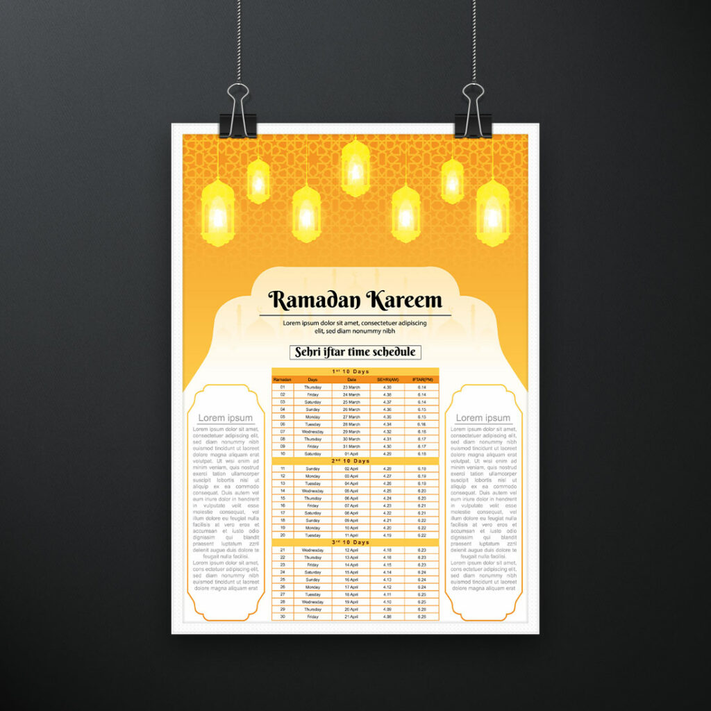 Ramadan Kareem Islamic calendar template and sehri ifter time schedule ...