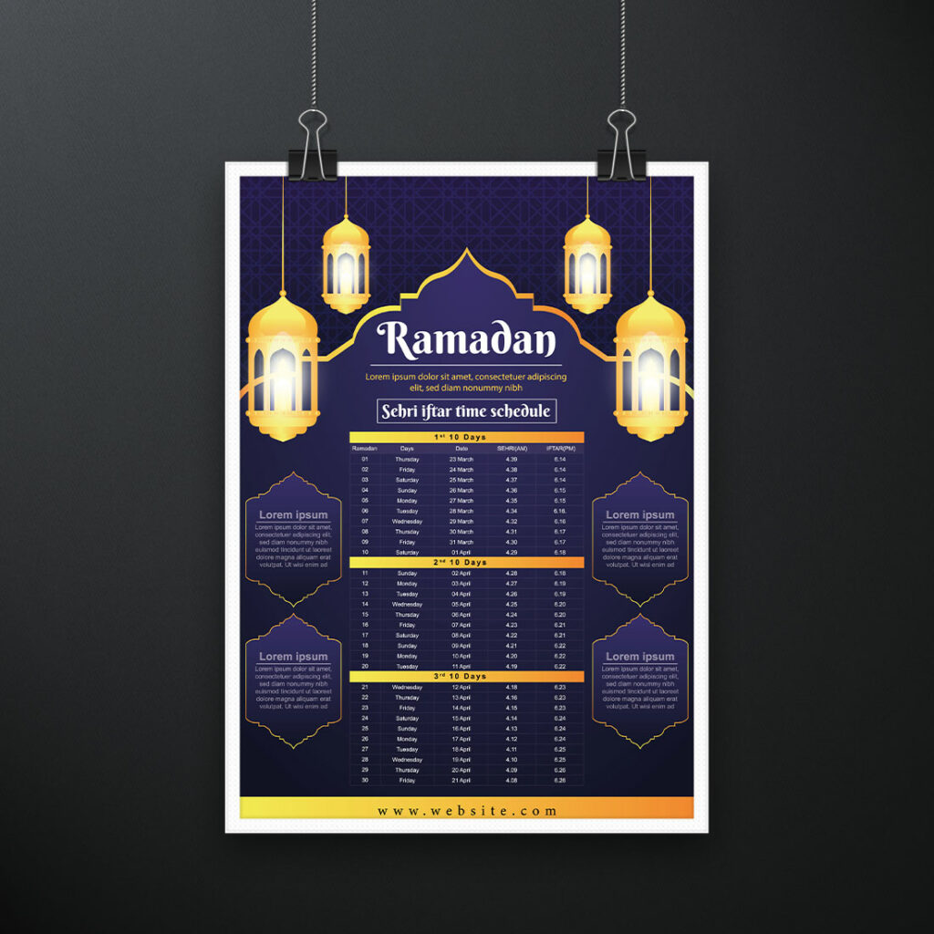 Ramadan Kareem Islamic calendar template and sehri ifter time schedule ...
