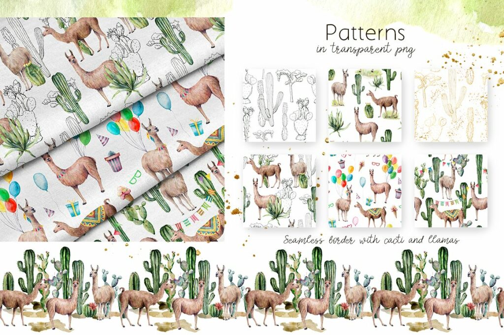 Llamas: cacti party watercolor llama – MasterBundles