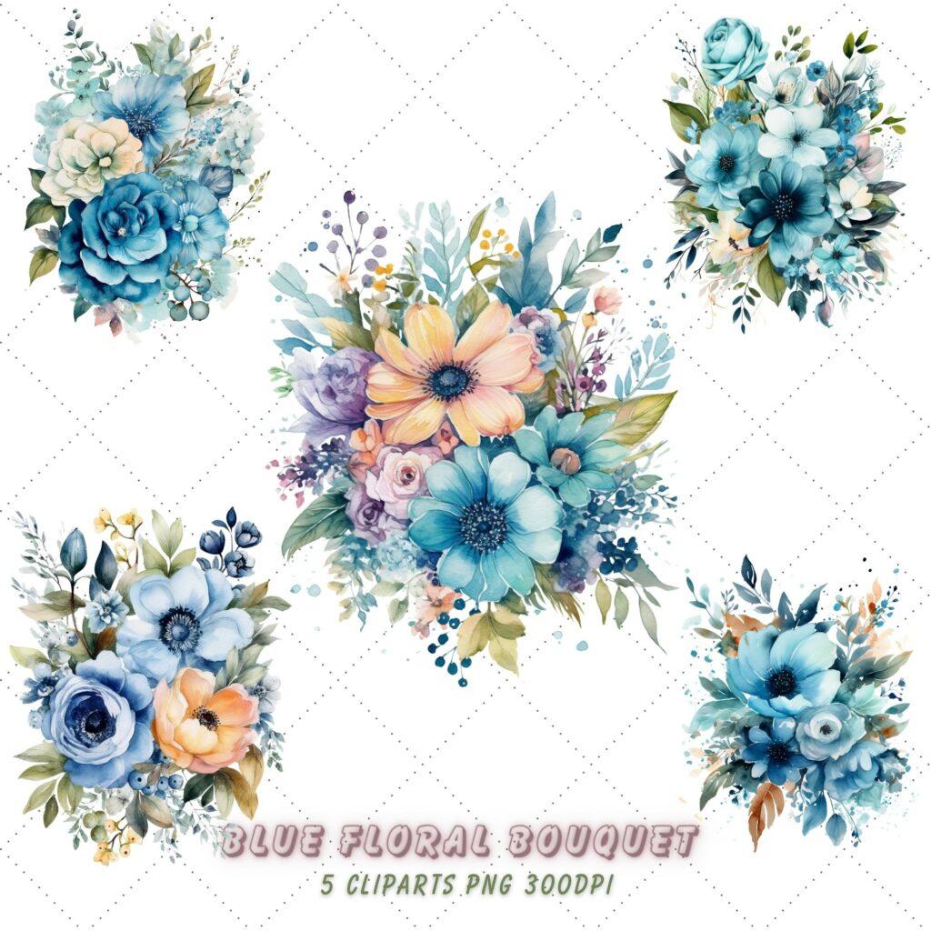 Watercolor Blue Floral Bouquet Clipart Bundle, Blue Floral, Floral ...