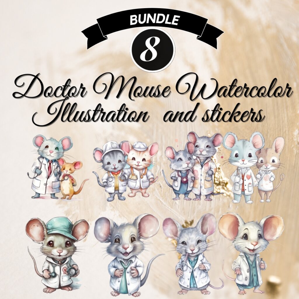 Doctor Mouse Watercolor Illustration and stickers - MasterBundles