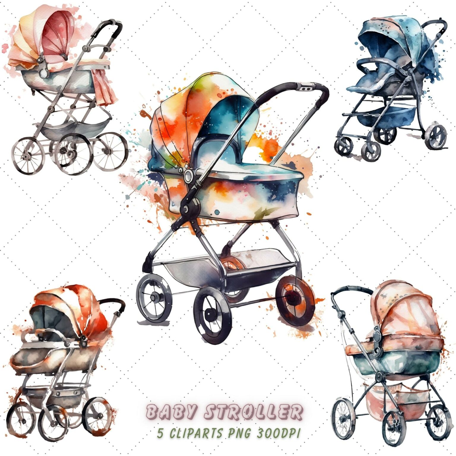 Baby Stroller Watercolor Clipart Bundle, Transparent PNG - MasterBundles