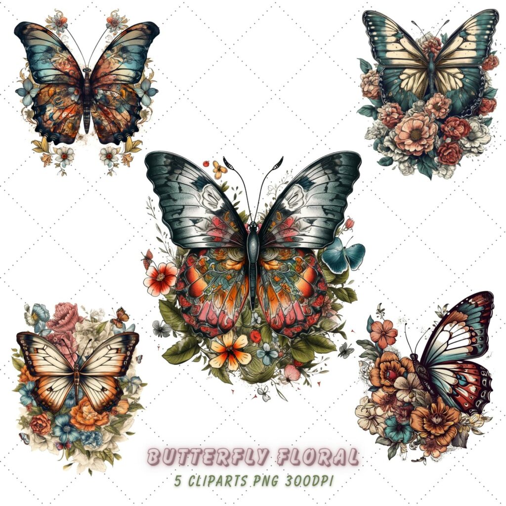Retro Butterfly floral Clipart Bundle, Sublimation, Butterfly floral ...