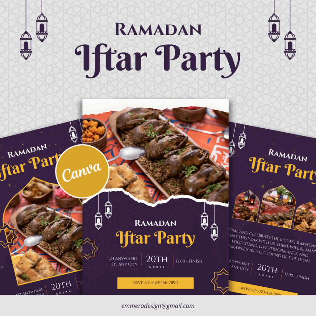 [Bundle 3 Designs] Purple Gold Elegant Ramadan Iftar Party Flyer Canva ...