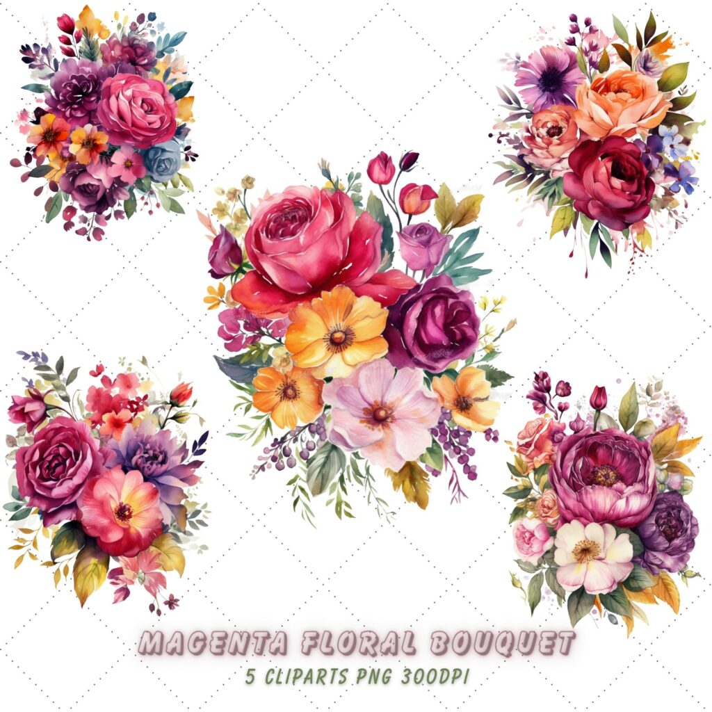 Watercolor Magenta Floral Bouquet Clipart Bundle - MasterBundles