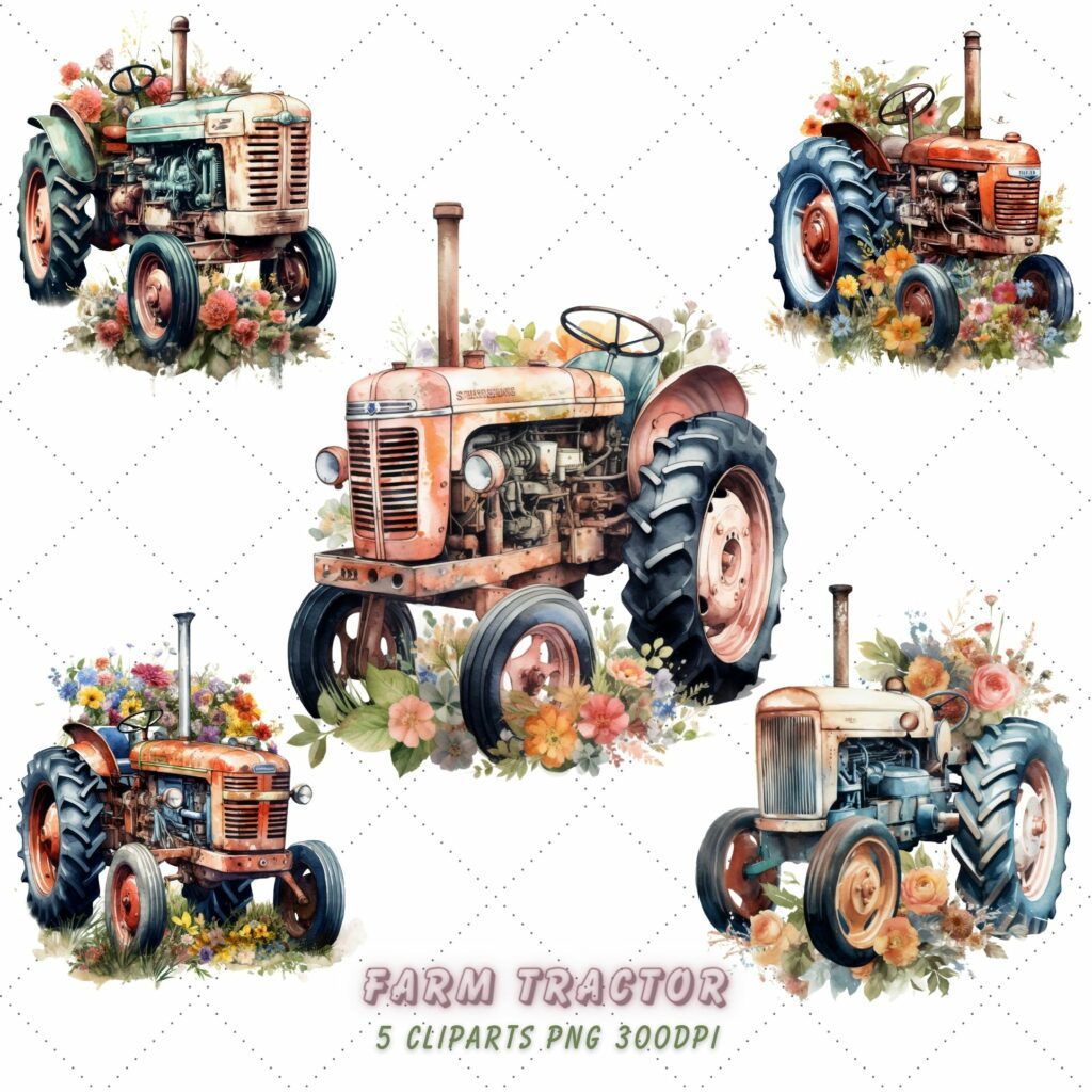 Farm Tractor Floral Watercolor Clipart Bundle - MasterBundles