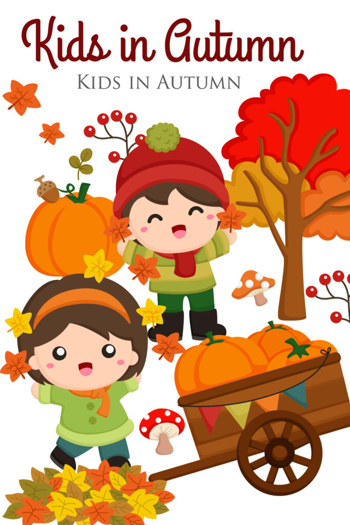 Happy Kids in Autumn Leaves Season Holiday Activity Nature Cartoon ...