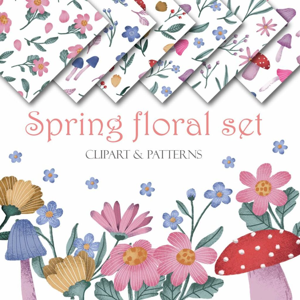 Spring floral clipart & patterns - MasterBundles