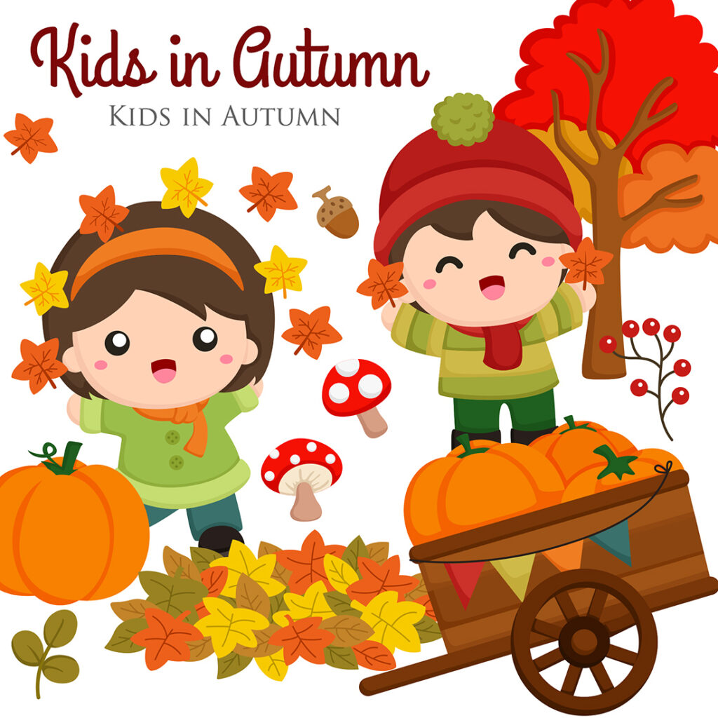 Happy Kids in Autumn Leaves Season Holiday Activity Nature Cartoon ...