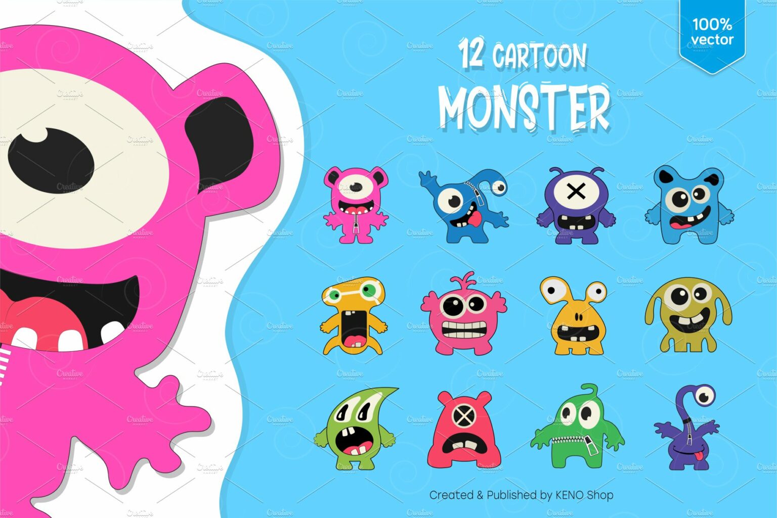 12 Cartoon Monsters. – MasterBundles