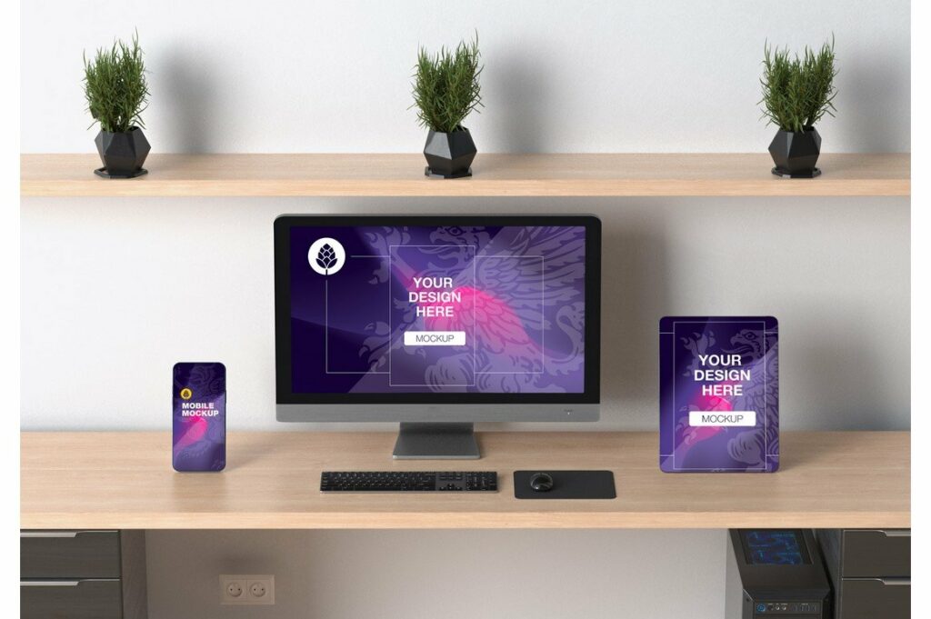 Desktop Computer Scene Mockup – MasterBundles