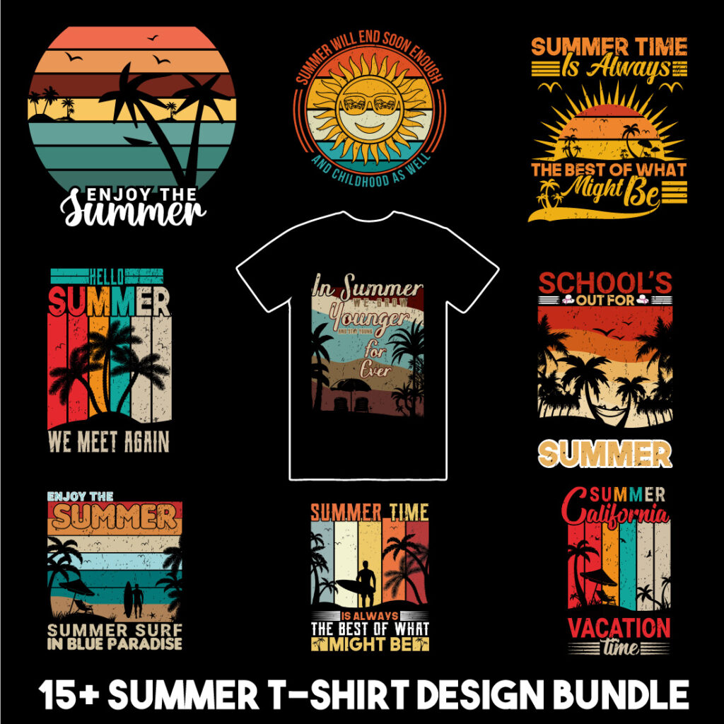 15+ Summer, surf, sunrise, california, beach t-shirt design bundle ...