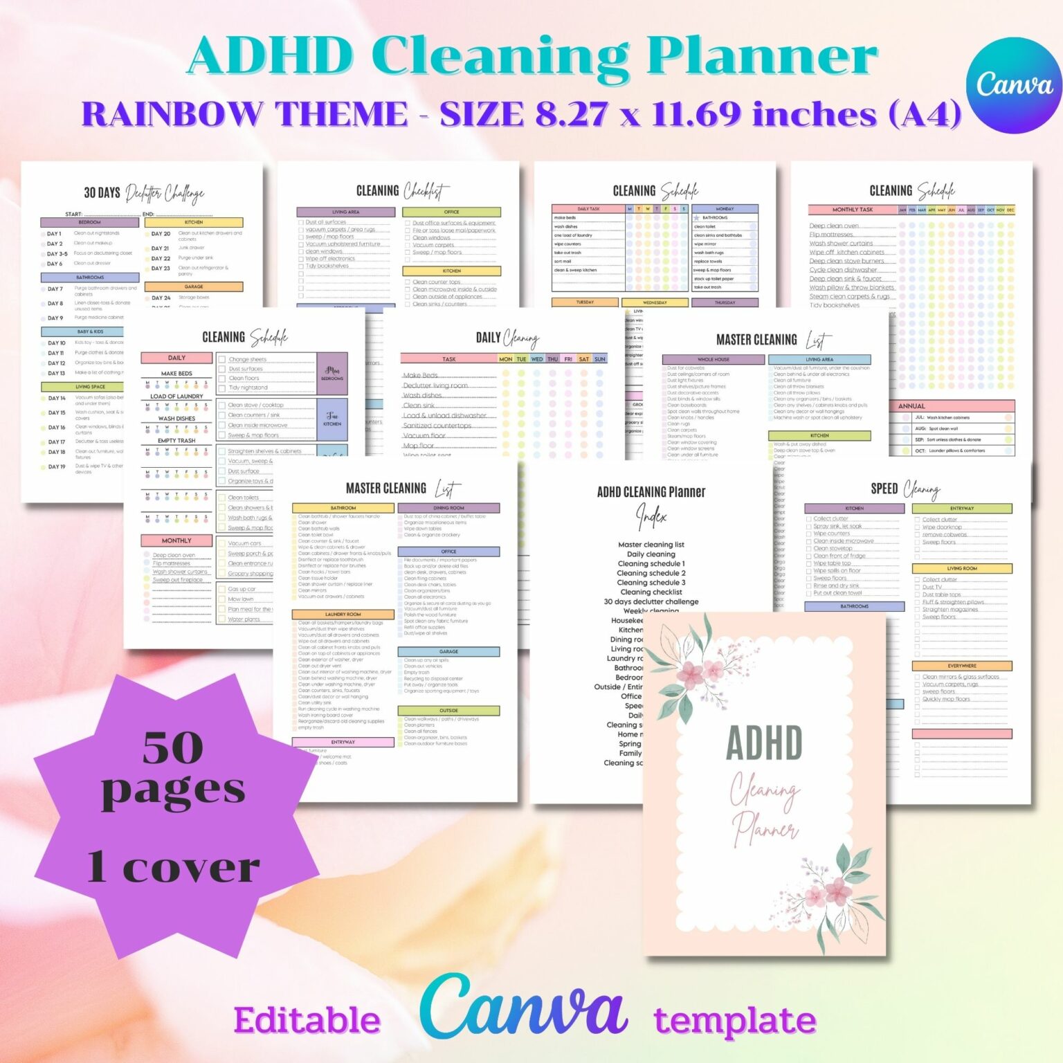 Ultimate ADHD cleaning planner bundle - editable by canva - MasterBundles