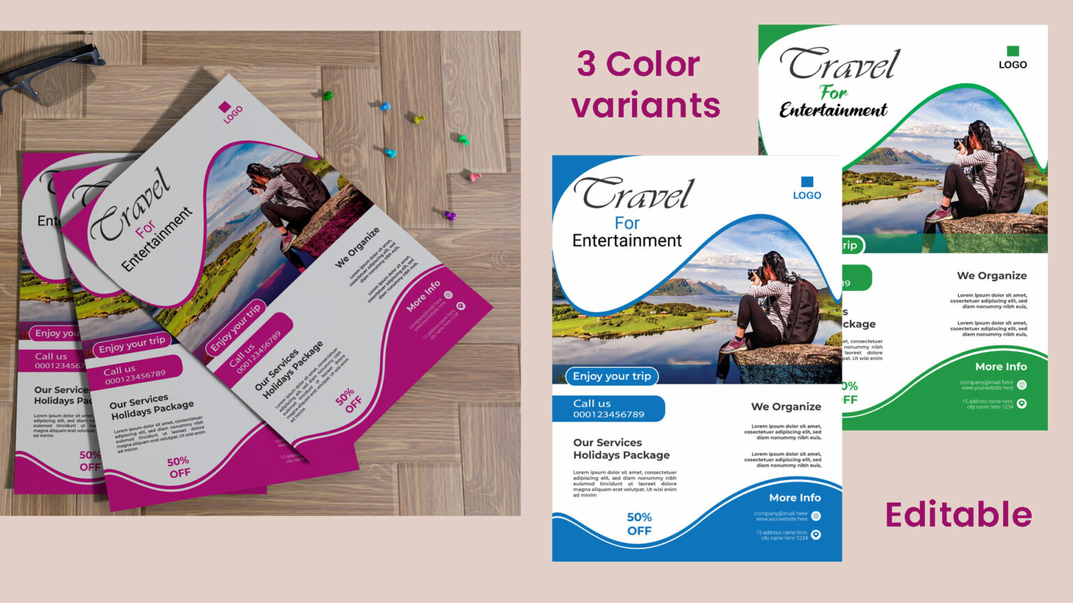 Travel flyer Design Template Editable 3 Color Variants vol-2 ...