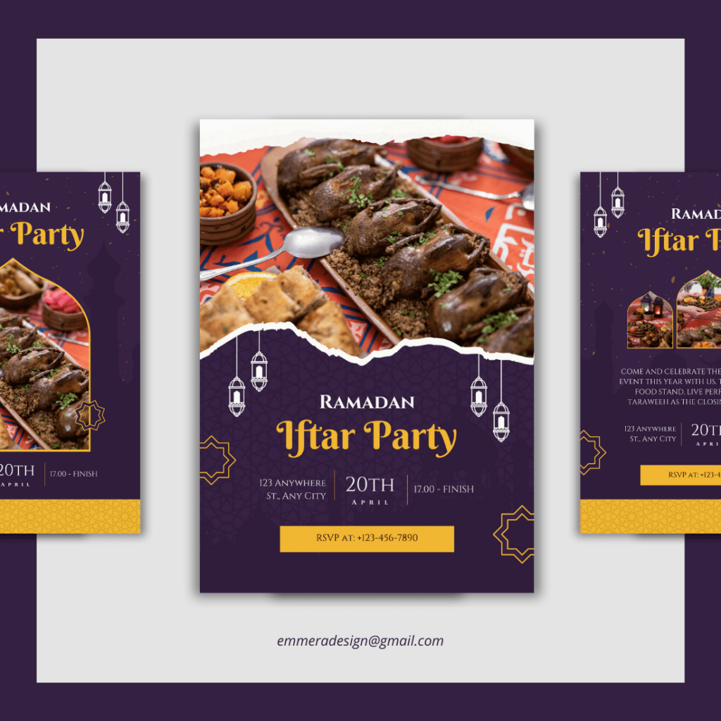 [Bundle 3 Designs] Purple Gold Elegant Ramadan Iftar Party Flyer Canva ...