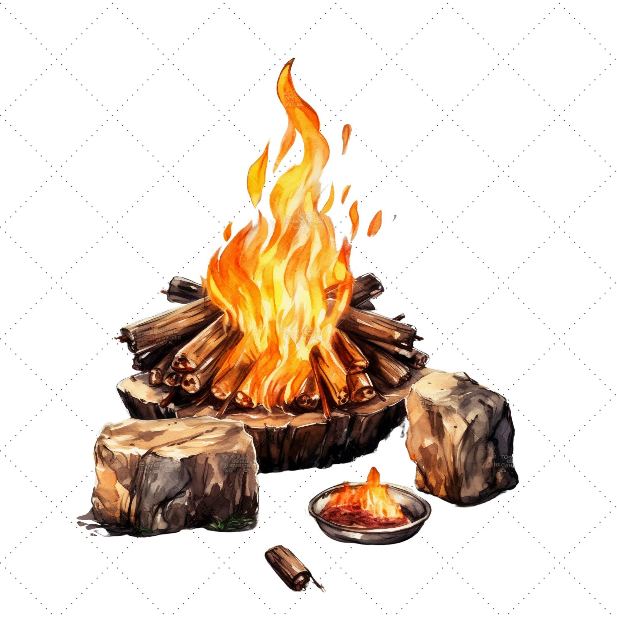 Campfire Watercolor Clipart Bundle, Bonfire Flames, Wood Burning, Forest Camping, Transparent ...