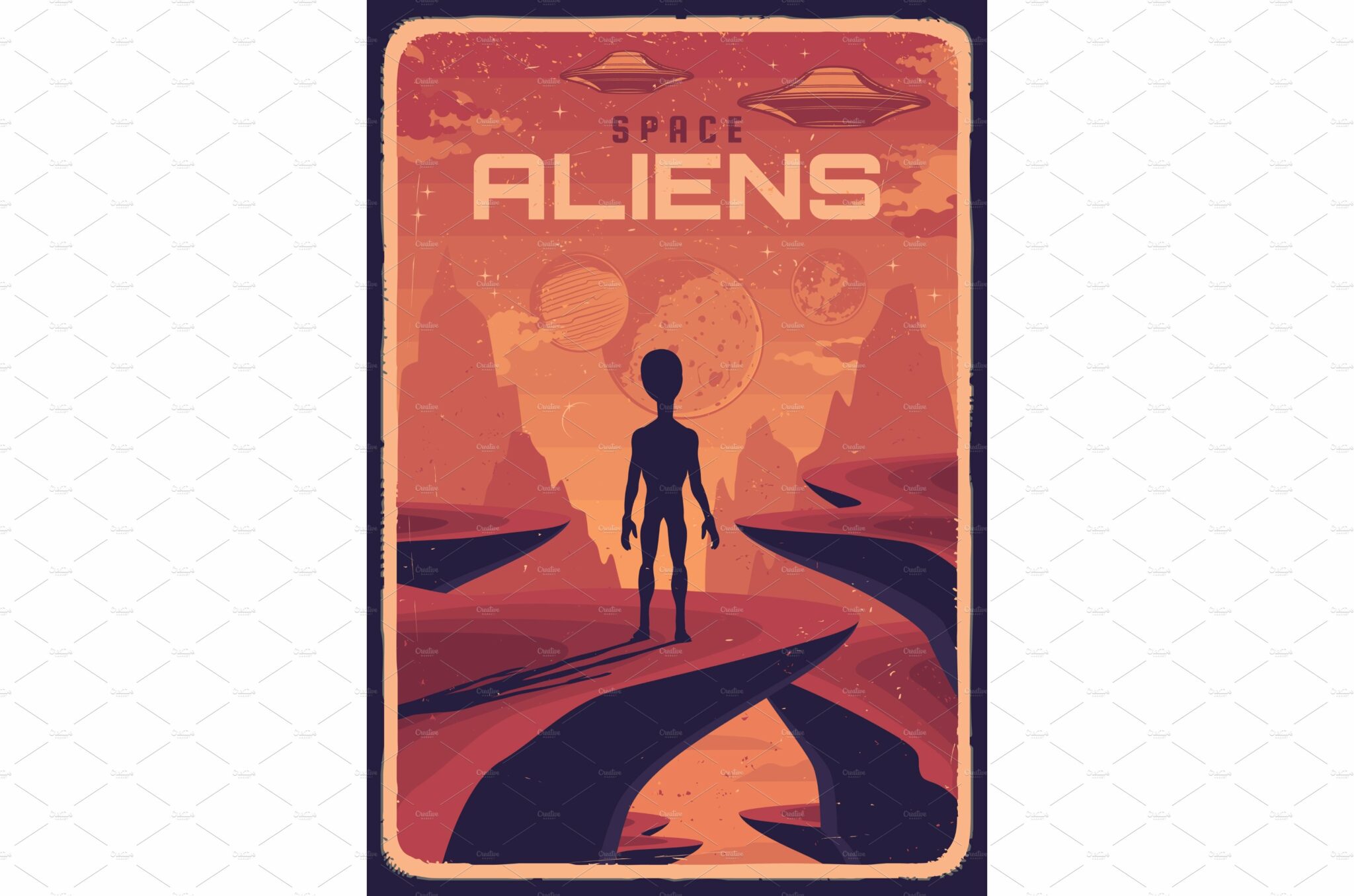 Alien and ufo on red planet – MasterBundles
