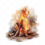 Campfire Watercolor Clipart Bundle, Bonfire Flames, Wood Burning, Forest Camping, Transparent ...
