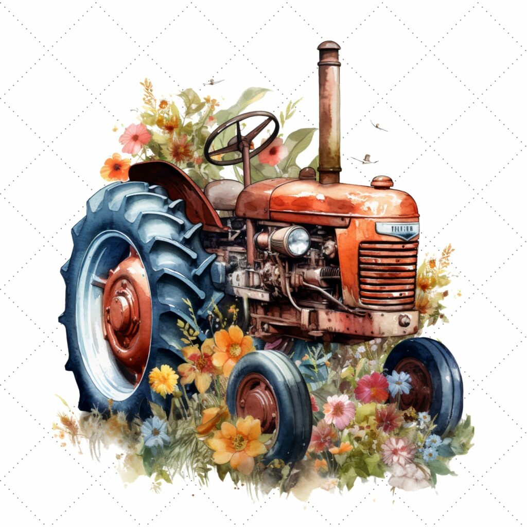 Farm Tractor Floral Watercolor Clipart Bundle - MasterBundles