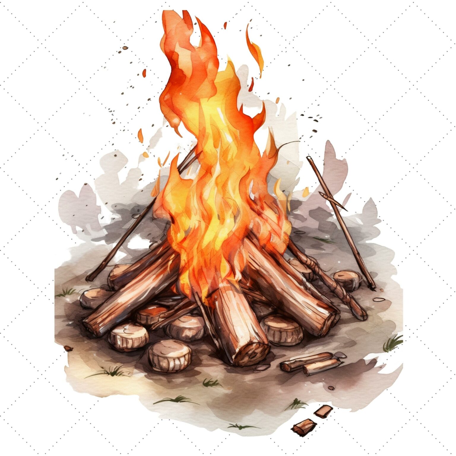 Campfire Watercolor Clipart Bundle, Bonfire Flames, Wood Burning, Forest Camping, Transparent ...